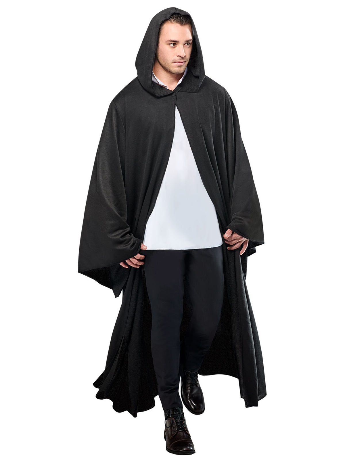Adult Black Full Length Hooded Renaissance Cloak — Costume Super Center