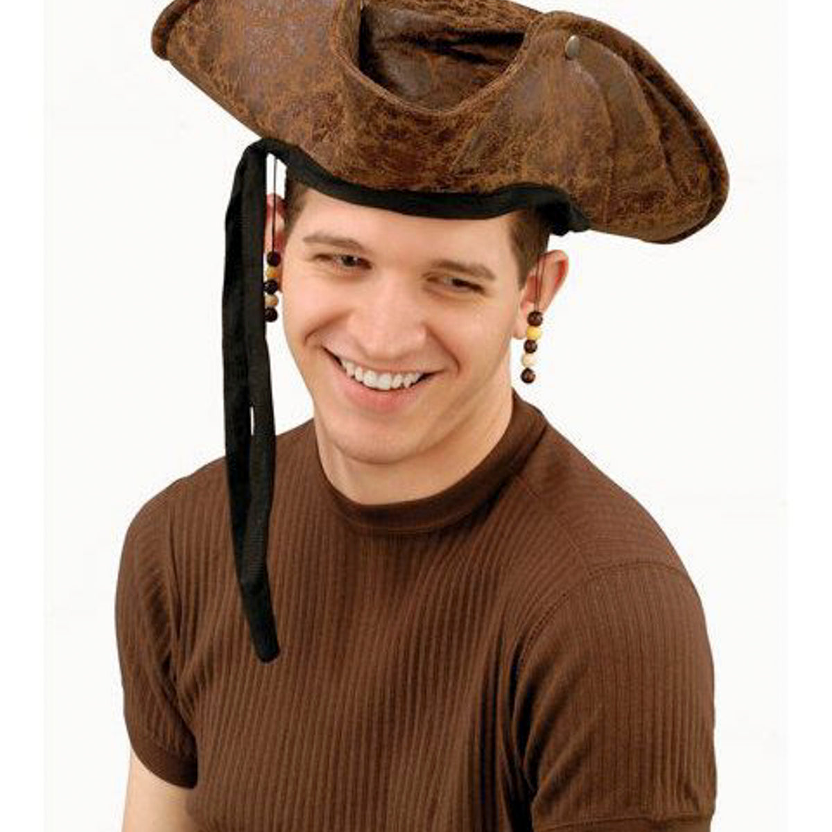 Brown Distressed Pirate Hat w/beads Adult — Costume Super Center