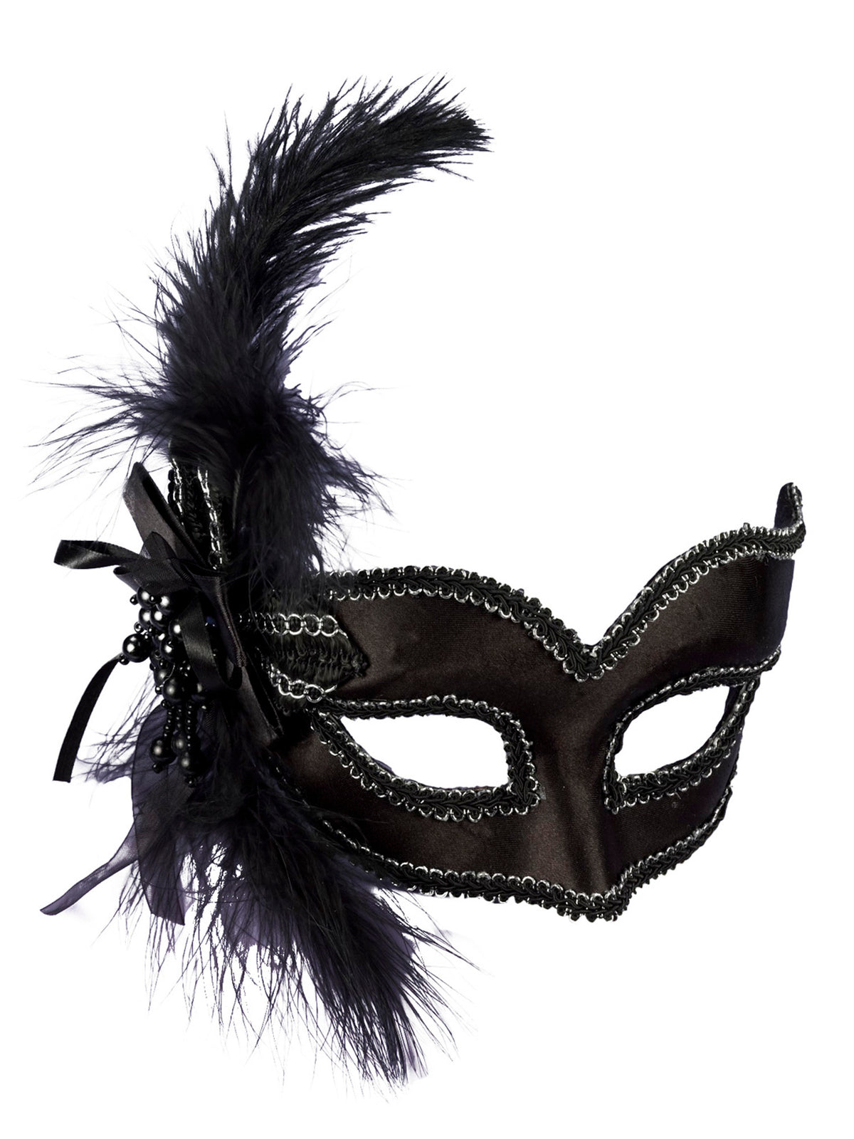 Black Satin Masquerade Mask with Feathers — Costume Super Center