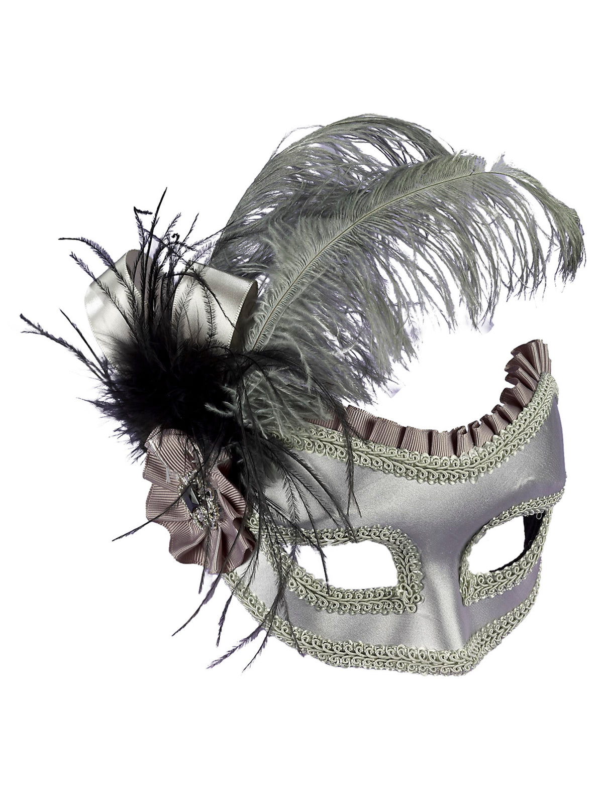 Silver Satin Masquerade Mask with Feathers — Costume Super Center